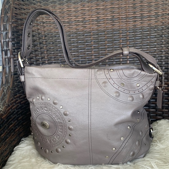 Coach | Bags | Coach Studded Duffel Crossbody Applique Grafhite Leather ...